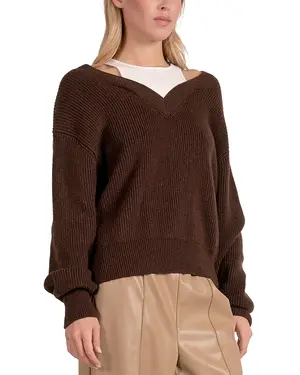 Elan Deep V-neck Pullover Sweater - Brown/ White