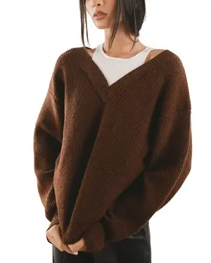 Elan Deep V-neck Pullover Sweater - Brown/ White
