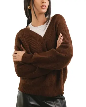 Elan Deep V-neck Pullover Sweater - Brown/ White
