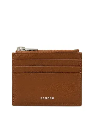 Sandro Grained Leather Zip Card Holder - Cognac