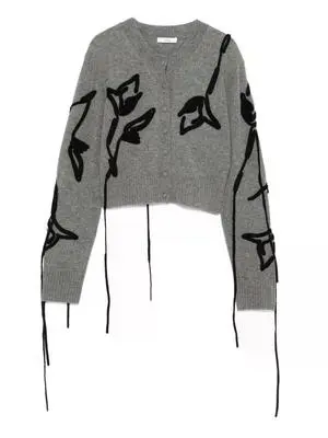 Erdem Floral-embroidered Tie-detail Cardigan - Grey