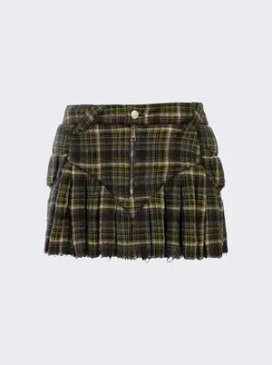 Natasha Zinko Upcycled Flannel Pleated Moto Skirt - Green