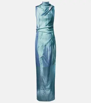 JEAN PAUL GAULTIER Printed Draped Satin Maxi Dress - Blue