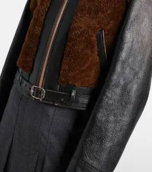 Prada Belted Shearling-trimmed Leather Jacket - Brown
