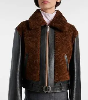 Prada Belted Shearling-trimmed Leather Jacket - Brown