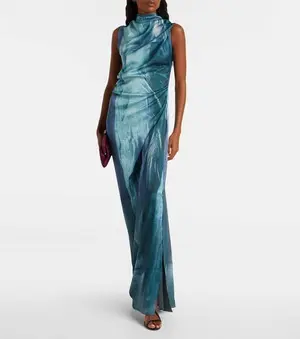 JEAN PAUL GAULTIER Printed Draped Satin Maxi Dress