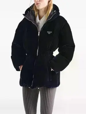 Prada Velvet Hooded Puffer Jacket With Drawstring Waist - Blue