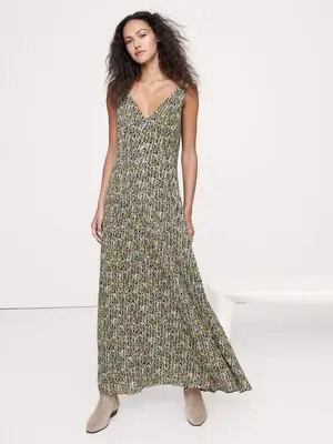 Banana Republic Pintuck Maxi Dress - Green Camo Feathers
