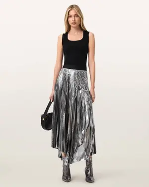 ALLSAINTS Jax Pleated Midi Skirt - Silver