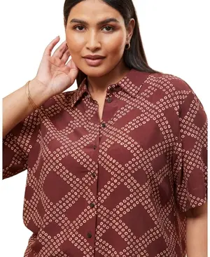 LIVE UNLIMITED Geo Print Short Sleeve Shirt - Brown