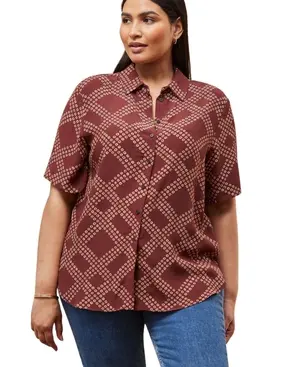 LIVE UNLIMITED Geo Print Short Sleeve Shirt - Brown