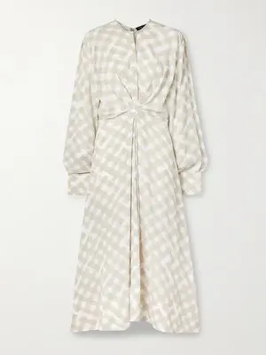 Proenza Schouler Keria Gathered Checked Crepe De Chine Midi Dress - Neutrals