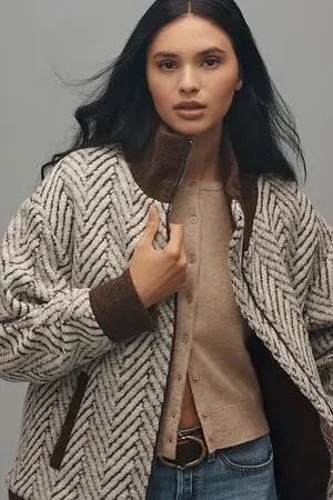 Bernardo Chevron Knit Bomber Jacket - Brown Pattern