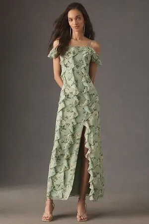 Bhldn Off-shoulder Ruffled Chiffon Maxi Dress - Sage Green Peony Bouquet