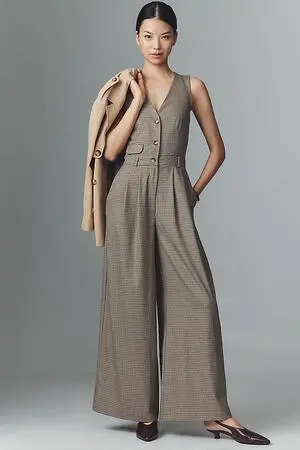 Maeve Avery Wide-leg Pleated Jumpsuit - Brown Plaid