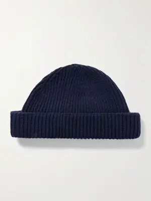 John Smedley Oram Ribbed Beanie - Blue