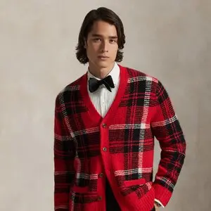 Ralph Lauren Plaid Wool-blend Cardigan With Suede Patches