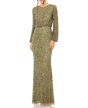 Mac Duggal High Neck Long Sleeve Blouson Gown - Olive