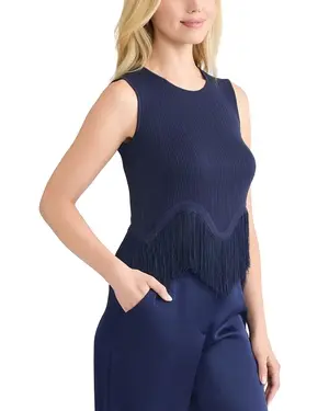 Misook Fringe Hem Ribbed Knit Tank - Moonlit Navy