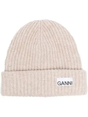 GANNI Wool Ribbed Beanie - Beige