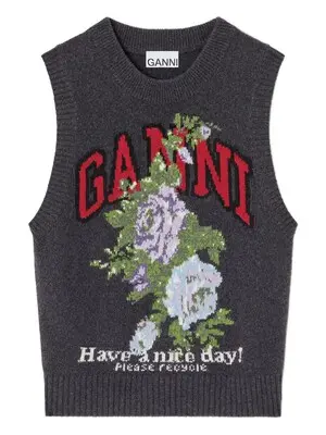 GANNI Flowers Wool Vest - Grey