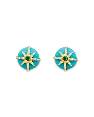 Meira T 14k Yellow Gold Turquoise, Emerald, And Diamond Stud Earrings - Blue