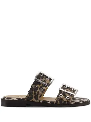 GANNI Buckle Leopard Print Sandals - Brown