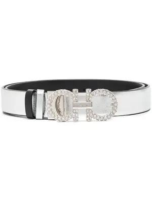 FERRAGAMO Gancini Strass Leather Belt - Silver
