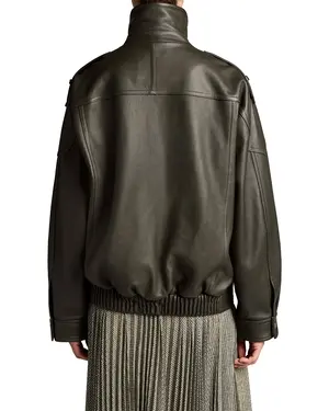 Vince Leather Oversized Biker Jacket - Deep Forest