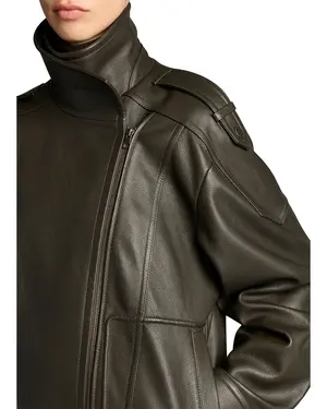 Vince Leather Oversized Biker Jacket - Deep Forest