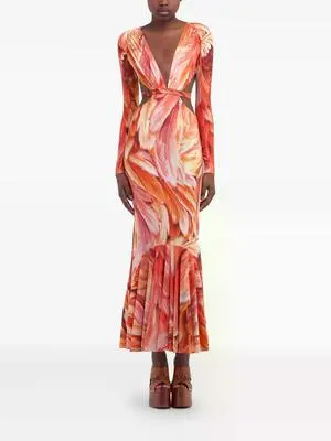 Roberto Cavalli Feather-print Cut-out Maxi Dress