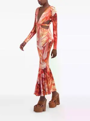 Roberto Cavalli Feather-print Cut-out Maxi Dress