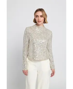 ELLE COLLECTION Sequin Knit Mock Neck Top - Silver