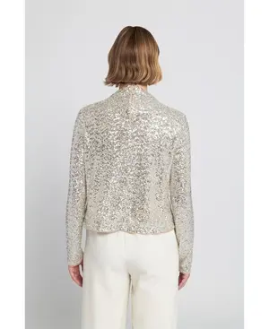 ELLE COLLECTION Sequin Knit Mock Neck Top - Silver