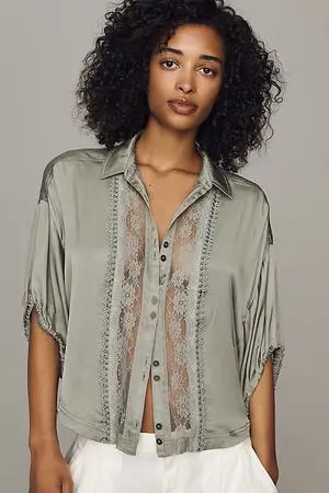 PILCRO Lace Appliqué Button-front Blouse - Shadow