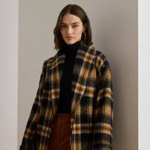 Ralph Lauren Plaid Wool-blend Shawl-collar Wrap Coat