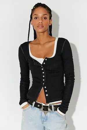 Free People Intimately End Game Pointelle Long Sleeve - Black