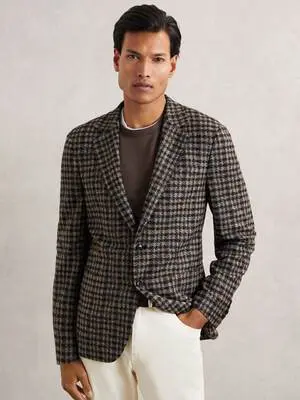 REISS Brazanati Wool-blend Dogtooth Check Tailored-fit Blazer - Brown