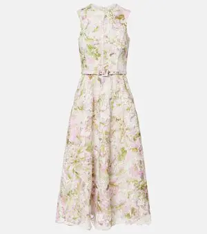 Monique Lhuillier Belted Lace Midi Dress - Multicoloured