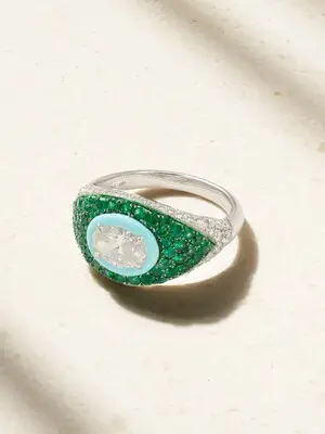 KAMYEN 18-karat White Gold Diamond, Emerald, And Enamel Ring - Green