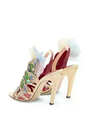 Valentino Garavani Moiré Fabric Sandals With Floral Embroidery And Feathers - Yellow