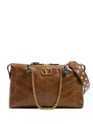 Valentino Garavani Nappa Leather Shoulder Bag With Chevron Pattern And Embellishments - Brown