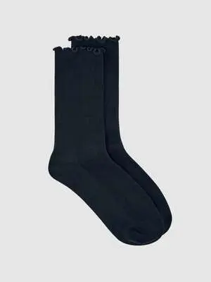 REISS Rae Ribbed Frilly Socks - Black