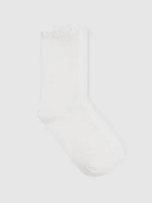 REISS Rae Ribbed Frilly Socks Cream