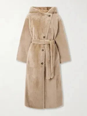 YVES SALOMON Hooded Belted Shearling Coat - Neutrals
