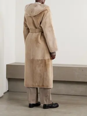 YVES SALOMON Hooded Belted Shearling Coat - Neutrals