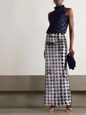 DIMA AYAD Houndstooth Sequined Maxi Skirt - Navy