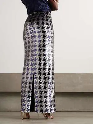 DIMA AYAD Houndstooth Sequined Maxi Skirt - Navy