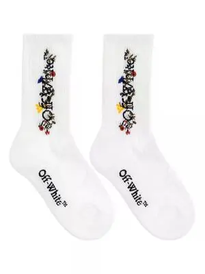 Off-White Floral-embroidered Ribbed Ankle Socks - White