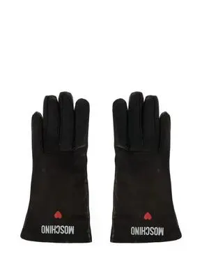 Moschino Logo-heart Leather Gloves - Black